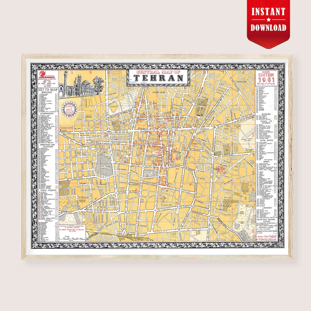 Tehran Vintage Map Print Digital Tehran Retro Map Poster Antique Iran ...