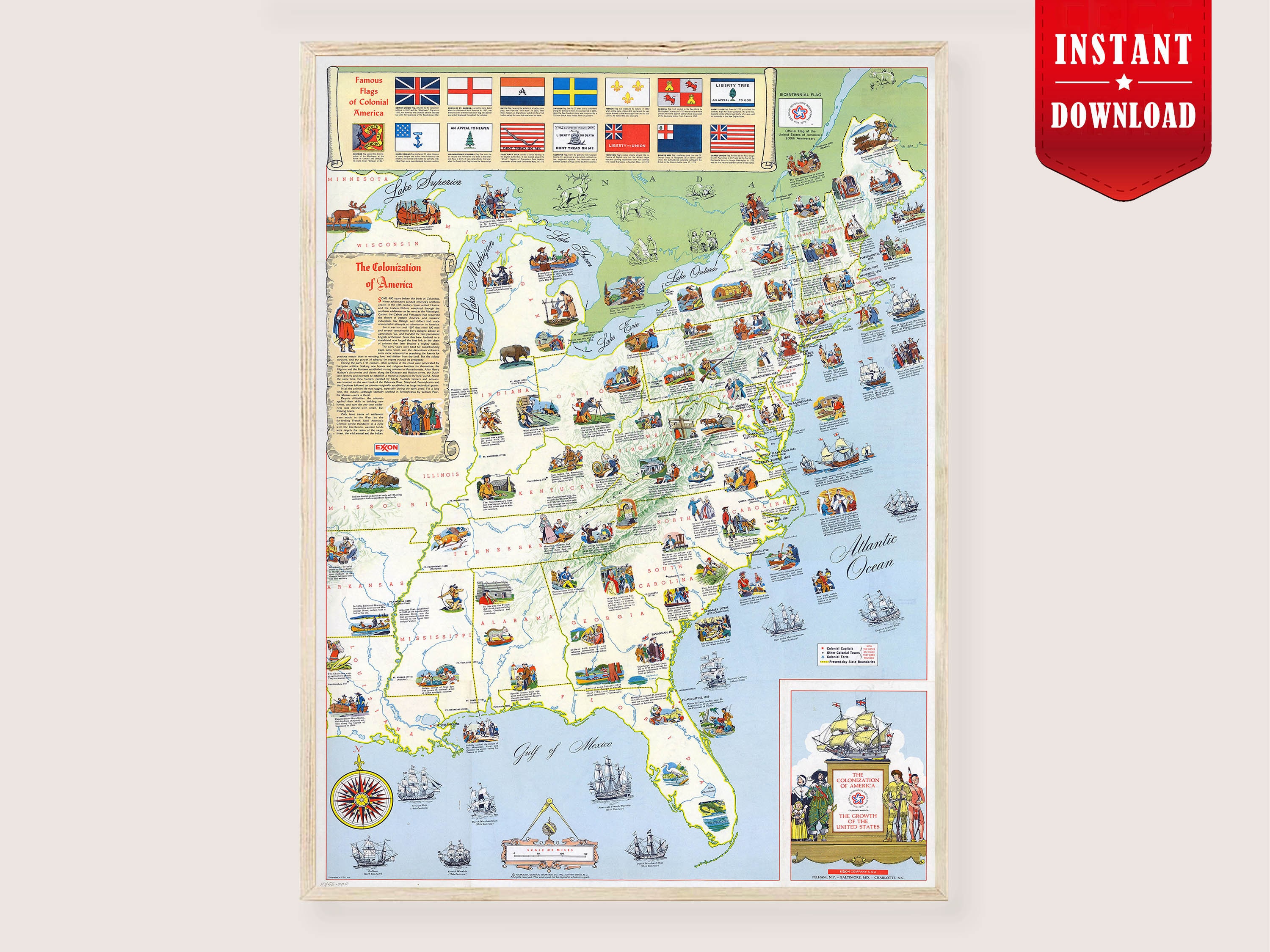 Colonial America Map Digital Art Print, Pictorial Map American Colonies ...