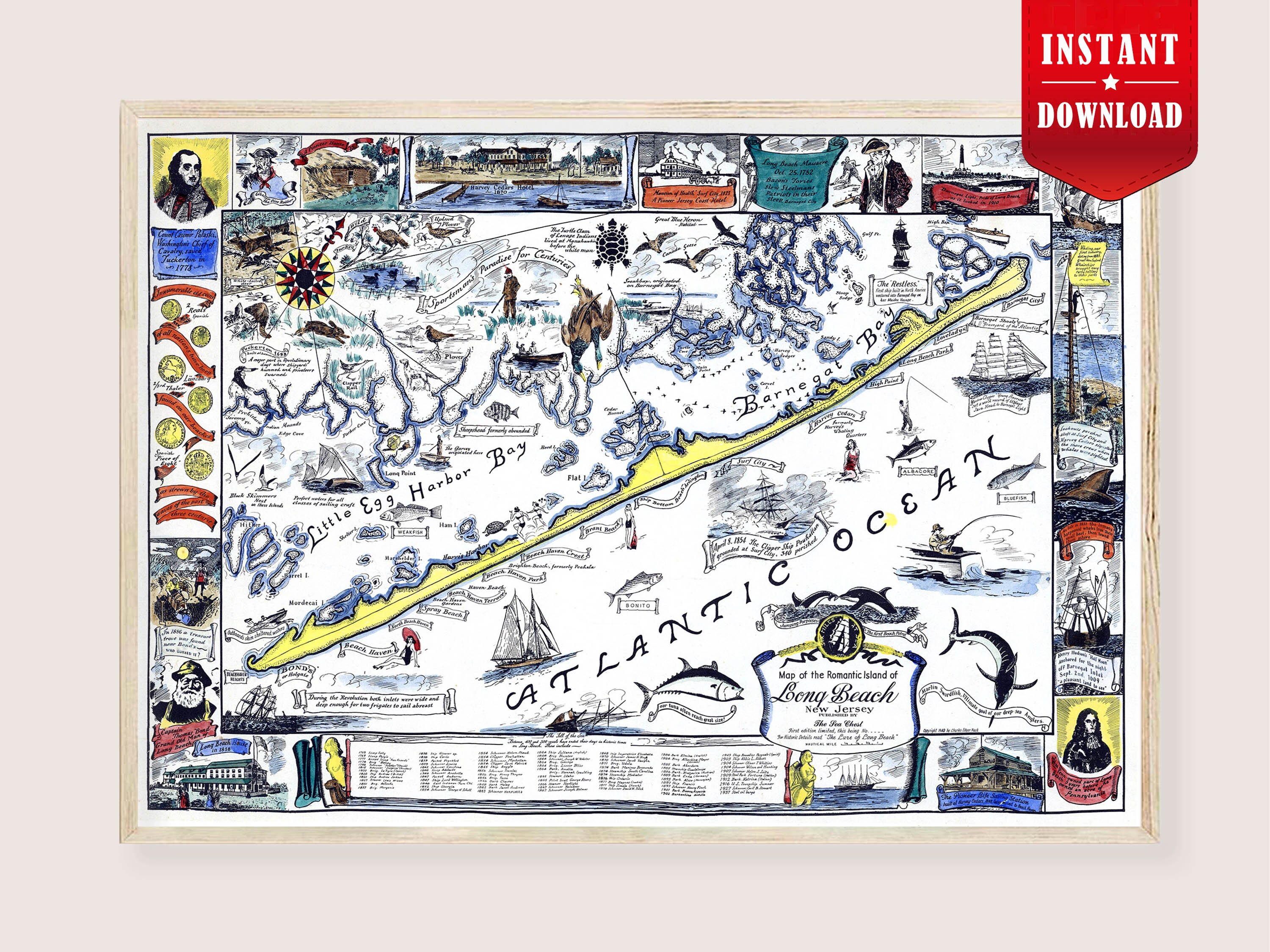 Long Beach Map New Jersey Poster Digital Romantic Map Long Beach NJ ...