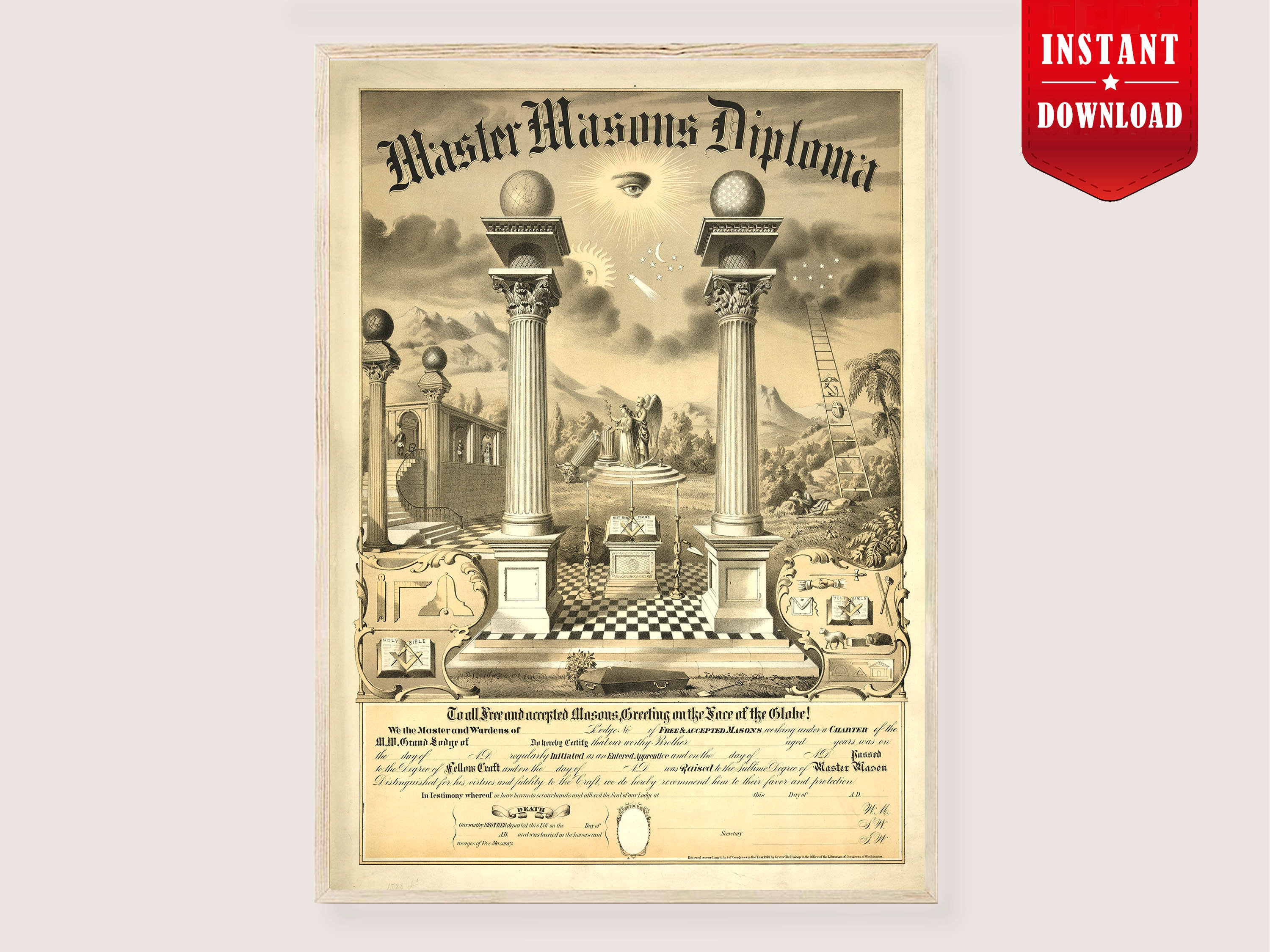 Master Masons Diploma, Freemason Art Poster Masonic History Vintage ...