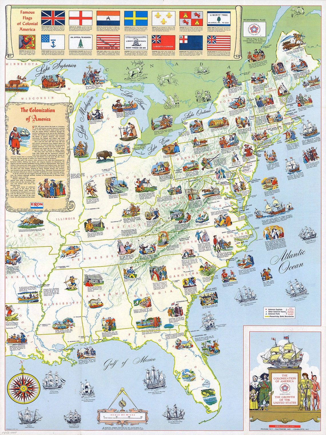 Colonial America Map Digital Art Print, Pictorial Map American Colonies ...