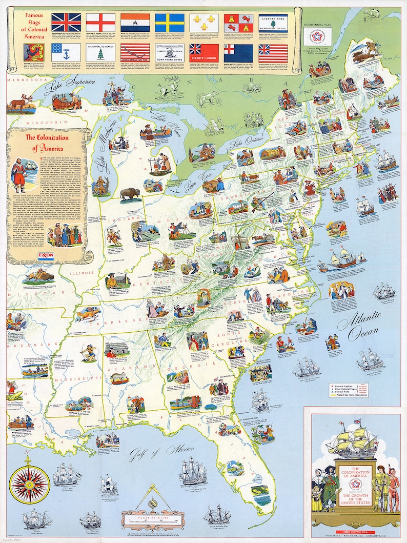 Colonial America Map Digital Art Print, Pictorial Map American Colonies ...