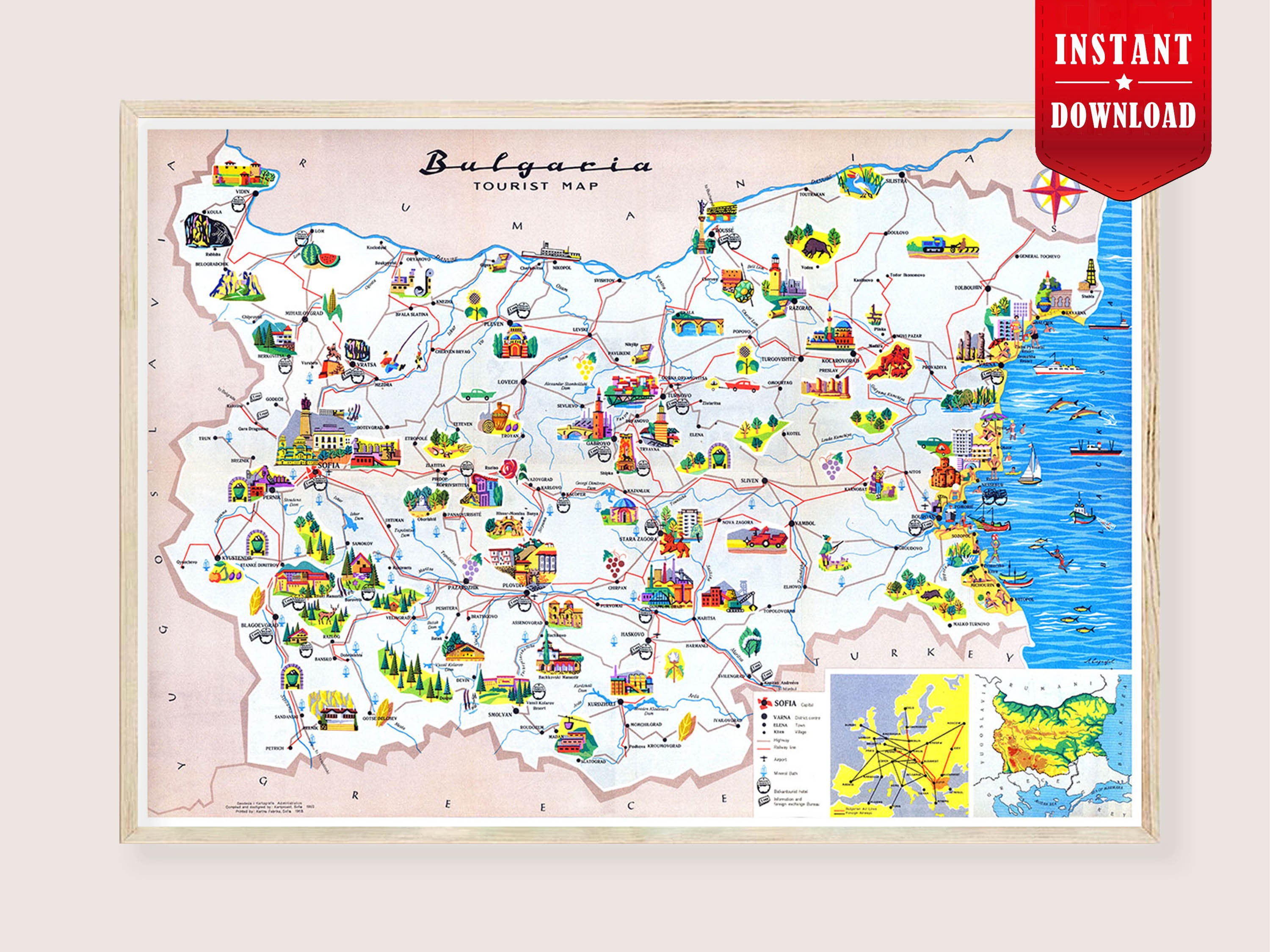 Bulgaria 1963 Vintage Map Poster, Sofia Illustrated Print, Historic ...