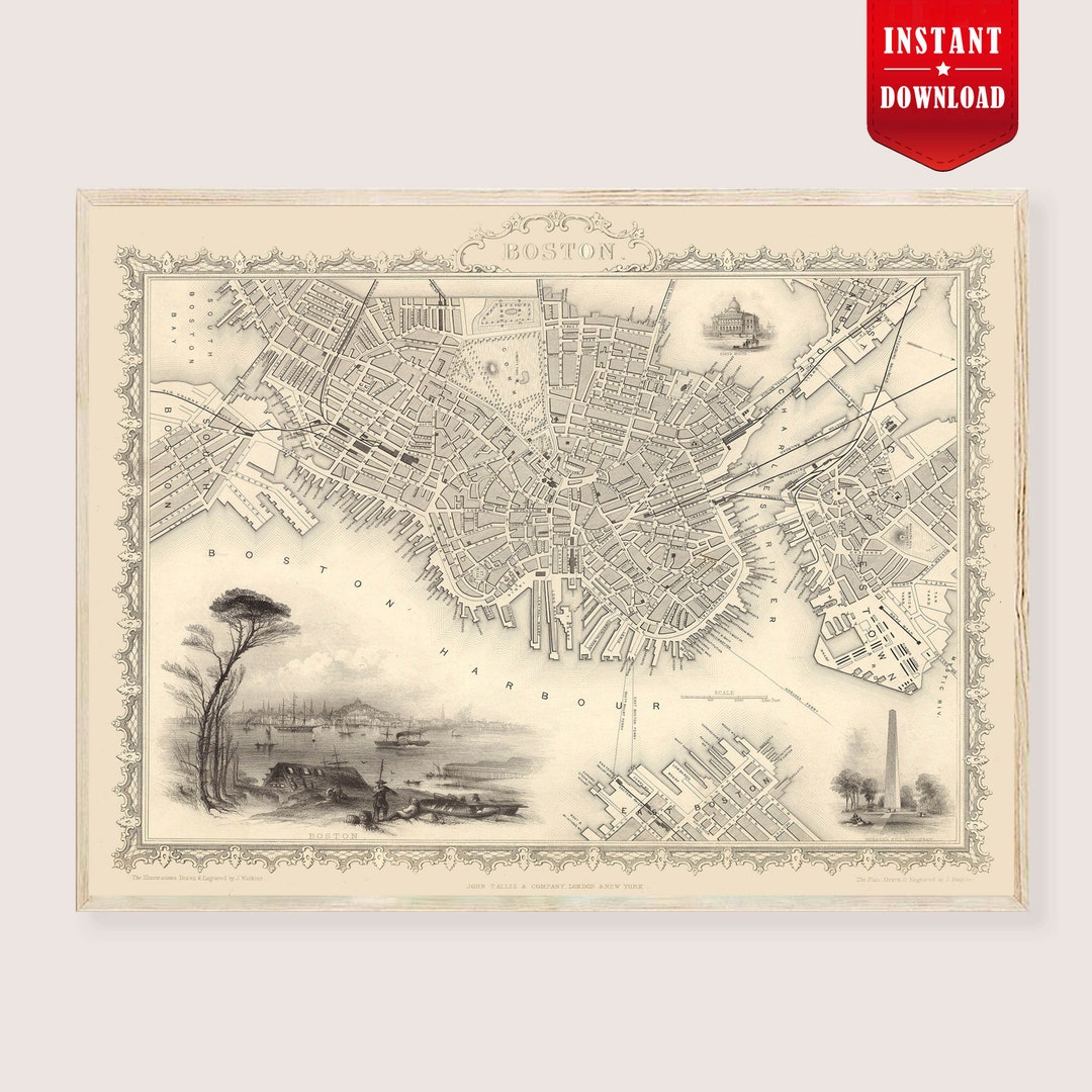 Old Map of Boston 1851 Print Digital - Vintage Boston Harbor Poster ...