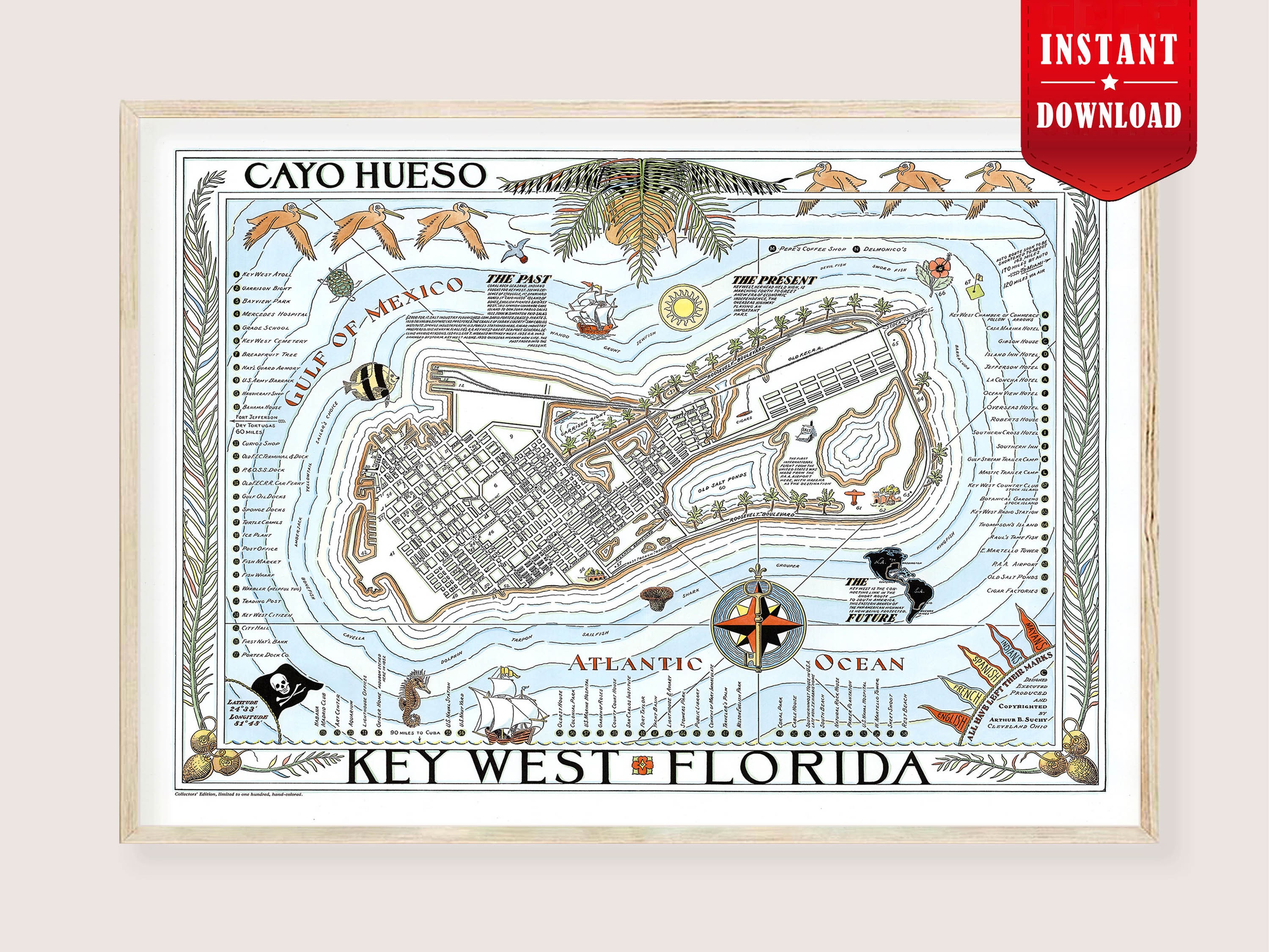 Key West Map Florida 1940 Digital Key West Cities Map Pictorial Florida ...