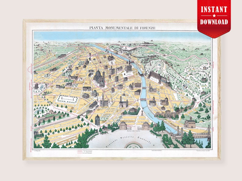 Old Map of Florence Poster Firenze Monumental Travel Plan - Vintage ...