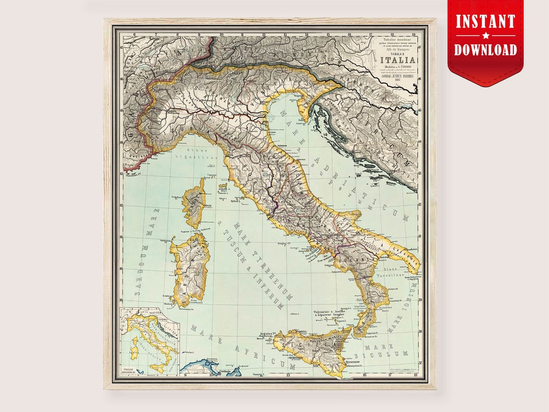 Old Map Italy 1887 Ancient Print - Pictorial Italy Map Poster Digital ...