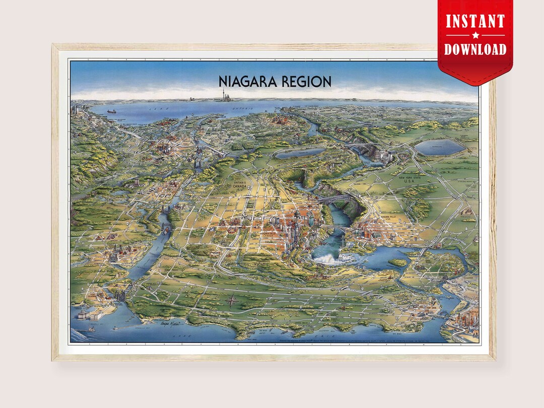 Niagara Falls Map Print Digital Niagara River Map Poster, Pictorial Map ...