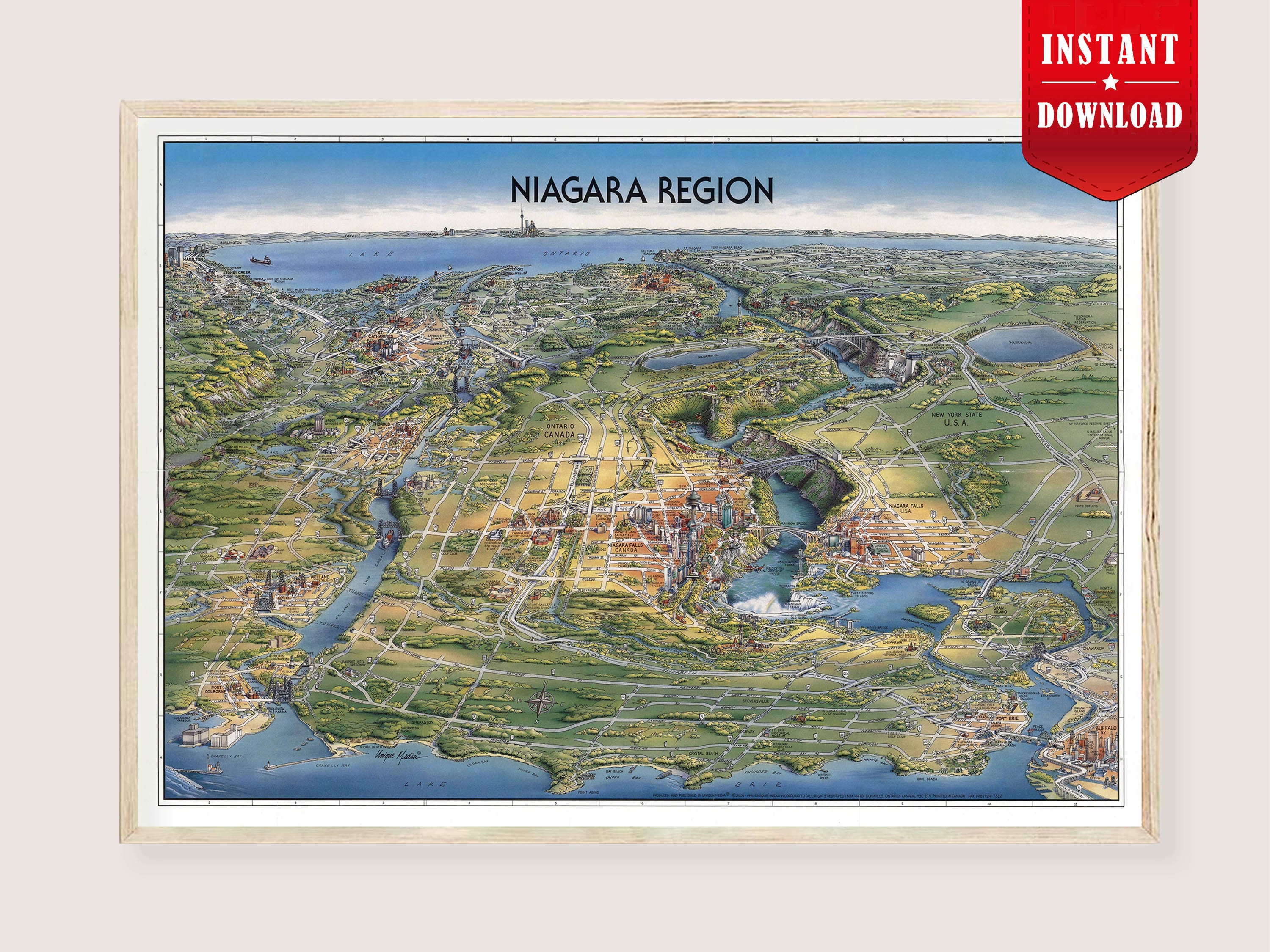Niagara Falls Map Print Digital Niagara River Map Poster, Pictorial Map ...