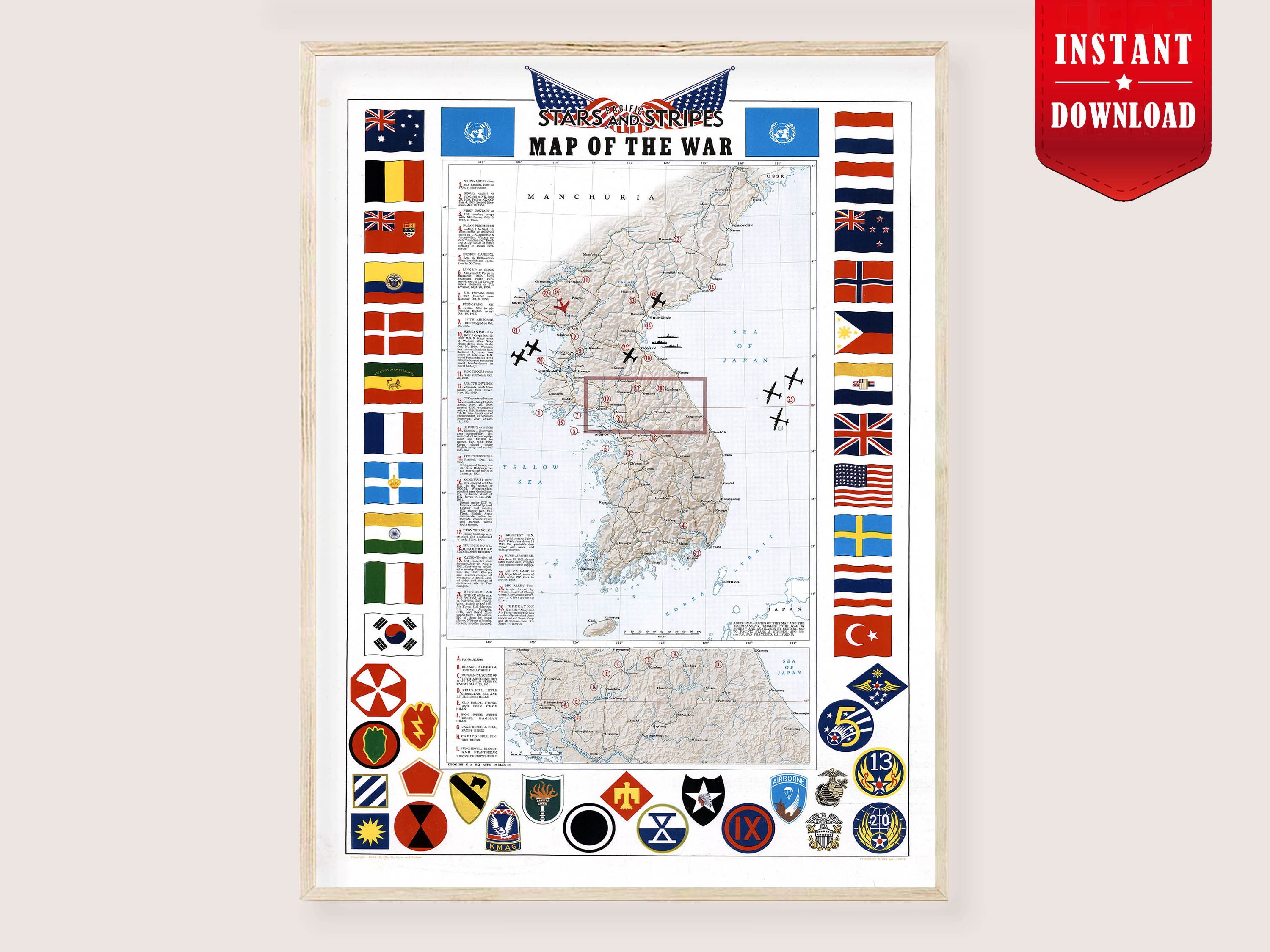 Korean War Map Timeline Art Print Digital Vintage Military Korea Map ...