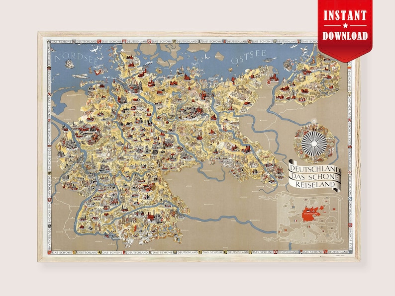 Germany Map Vintage Print Download Large Map of Germany Wall Art Decor ...