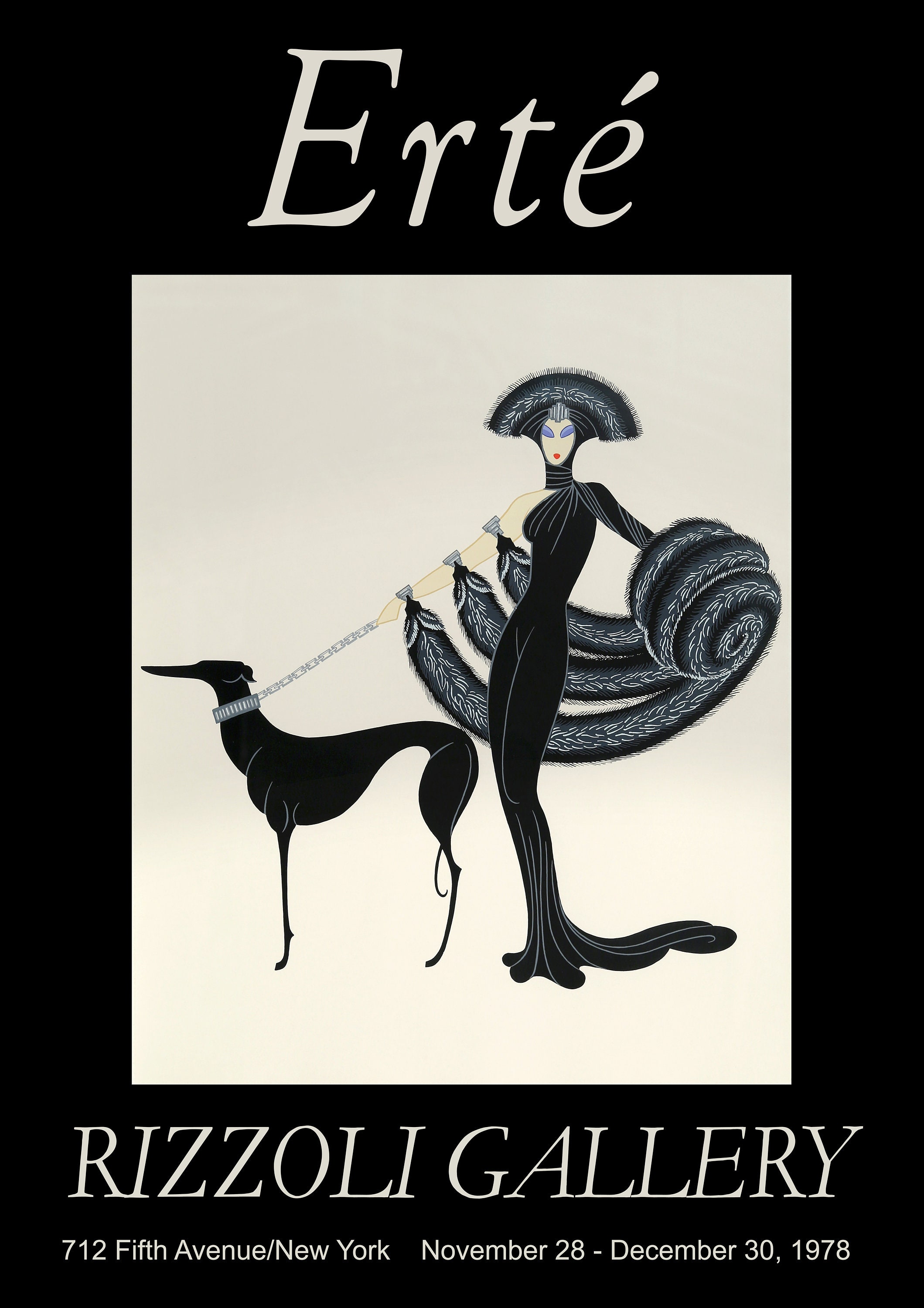 Erte Art Deco Poster Digital - Lady Greyhound Dog Erte Black White ...