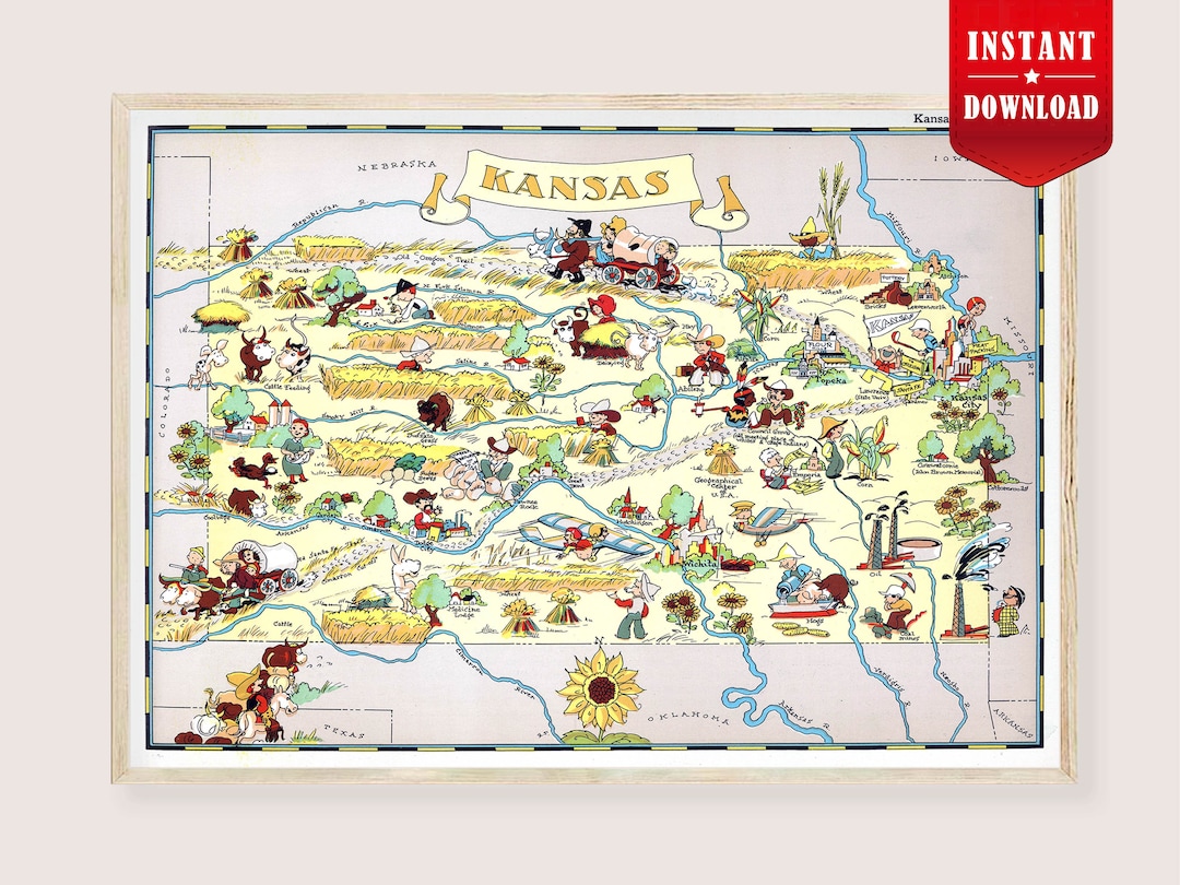 Kansas Map 1935 Poster Download Old Map Kansas Print Digital, Vintage ...