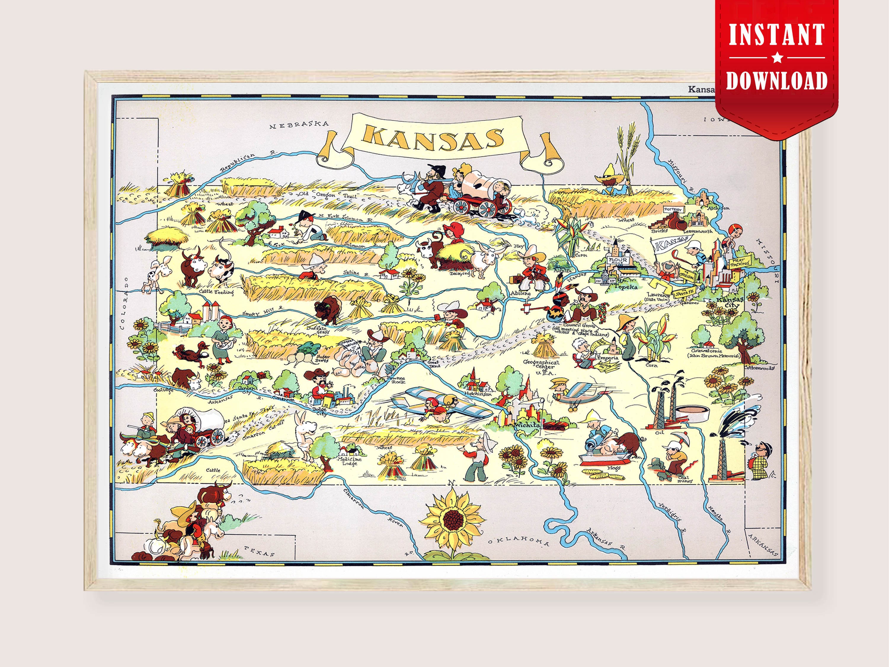 Kansas Map 1935 Poster Download - Old Map Kansas Print Digital, Vintage ...