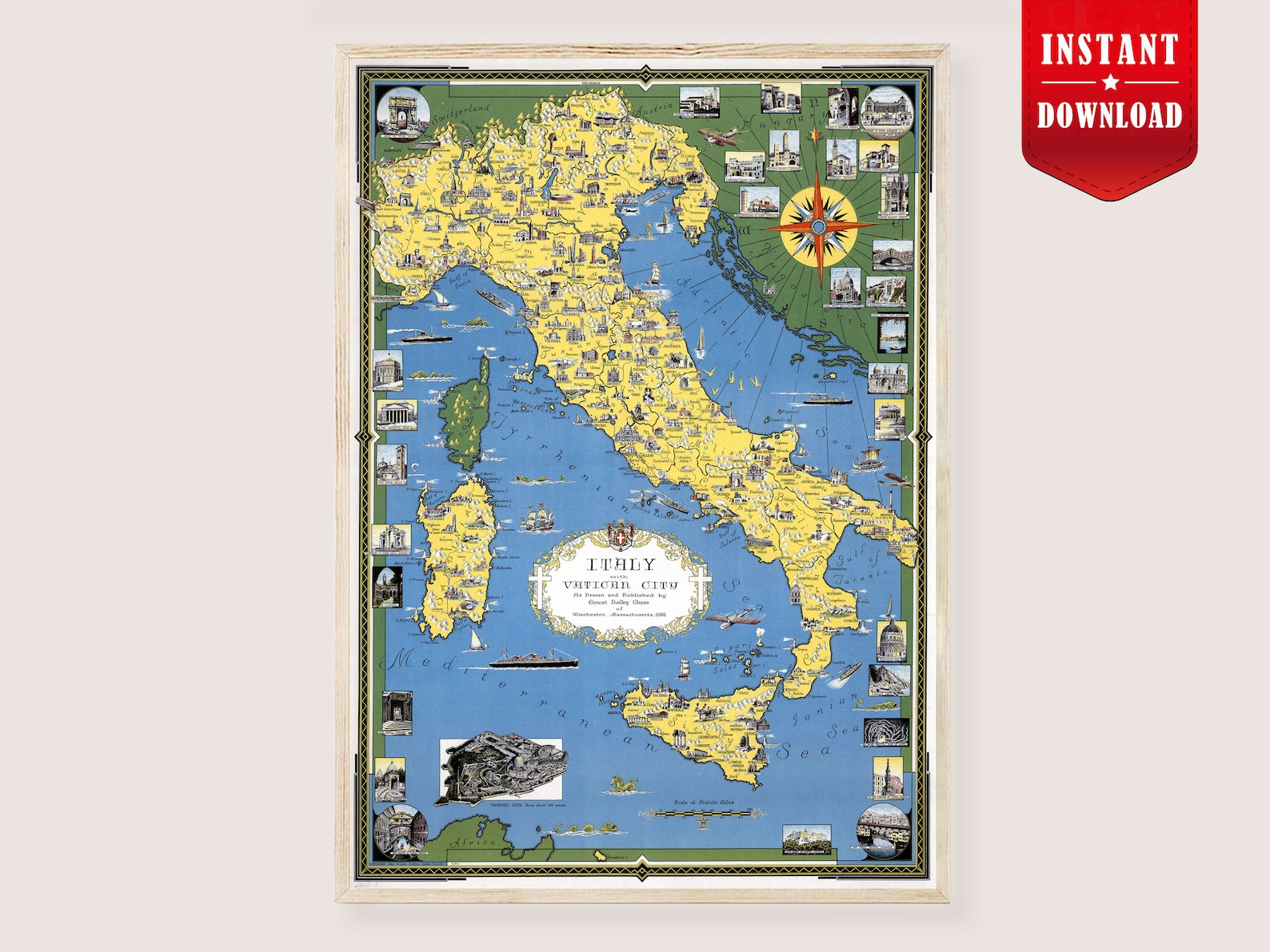 Old Map of Italy Vatican Print - Pictorial Italy Map Poster Digital ...