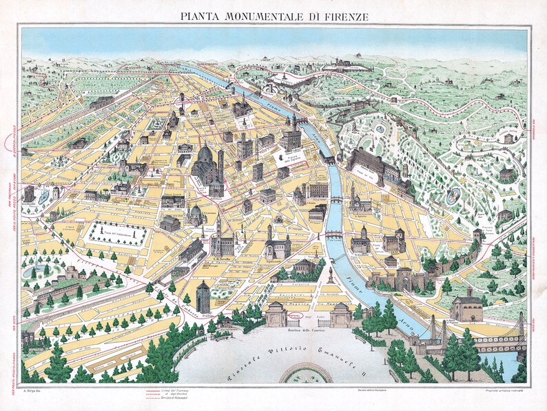 Old Map of Florence Poster Firenze Monumental Travel Plan Vintage ...