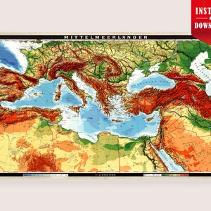 Mediterranean Sea Map Download - Vintage Print Mediterranean Lands Map ...