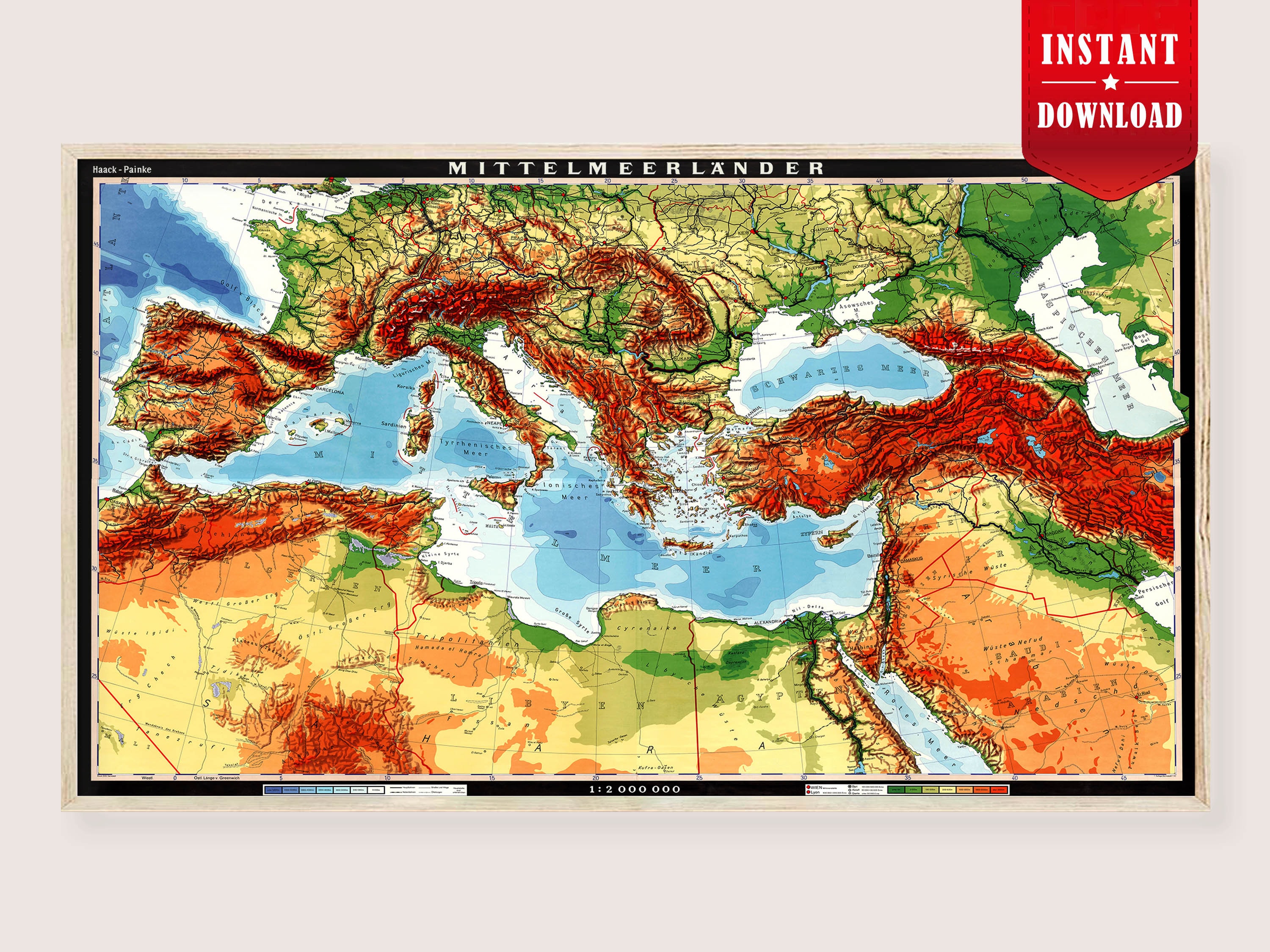 Mediterranean Sea Map Download - Vintage Print Mediterranean Lands Map ...