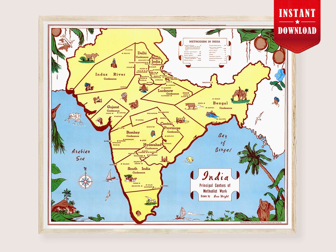 India 1950 Map Print Digital - Vintage India Map Poster Download India ...