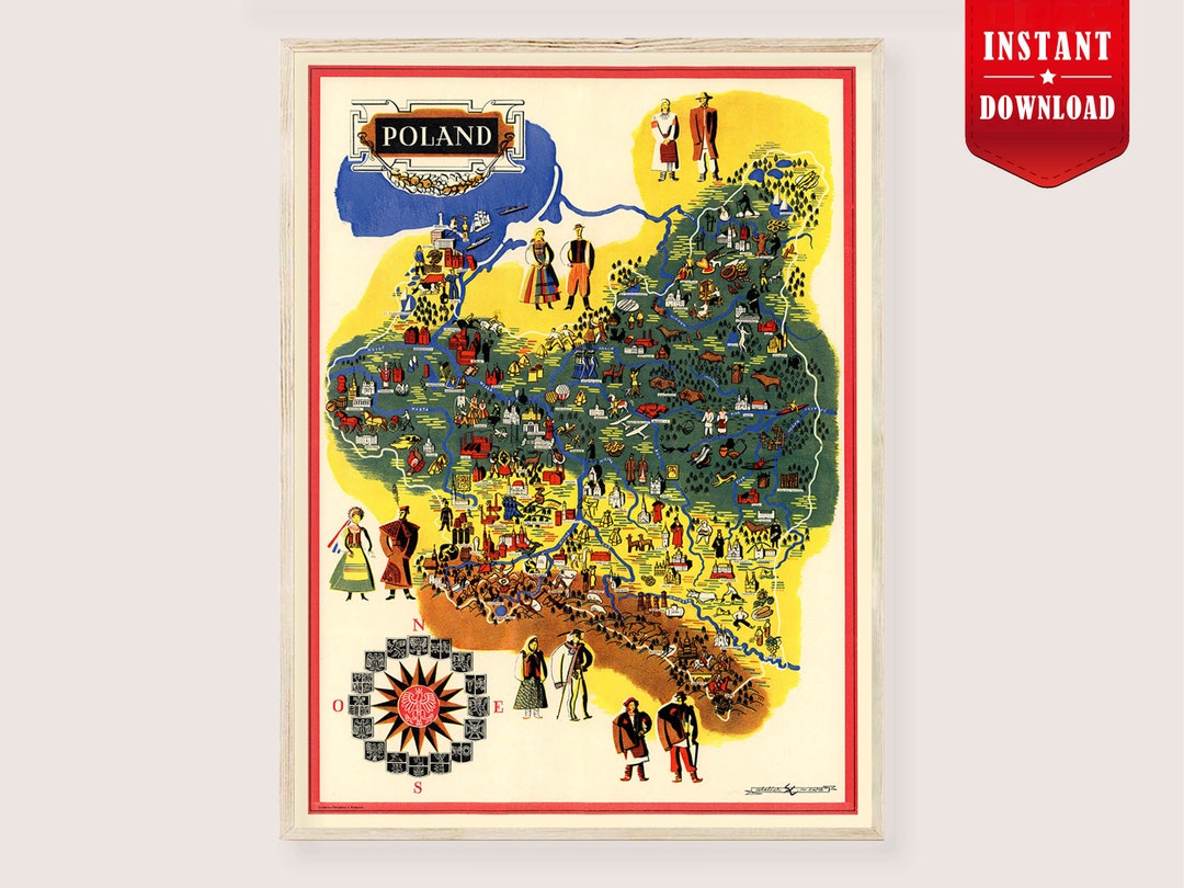 Poland Map 1935 Art Print Download, Travel Map of Poland Wall Art Retro ...