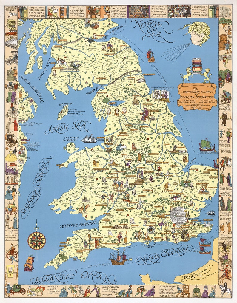 UK Map of English Literature Poster Download - Vintage Map of England ...