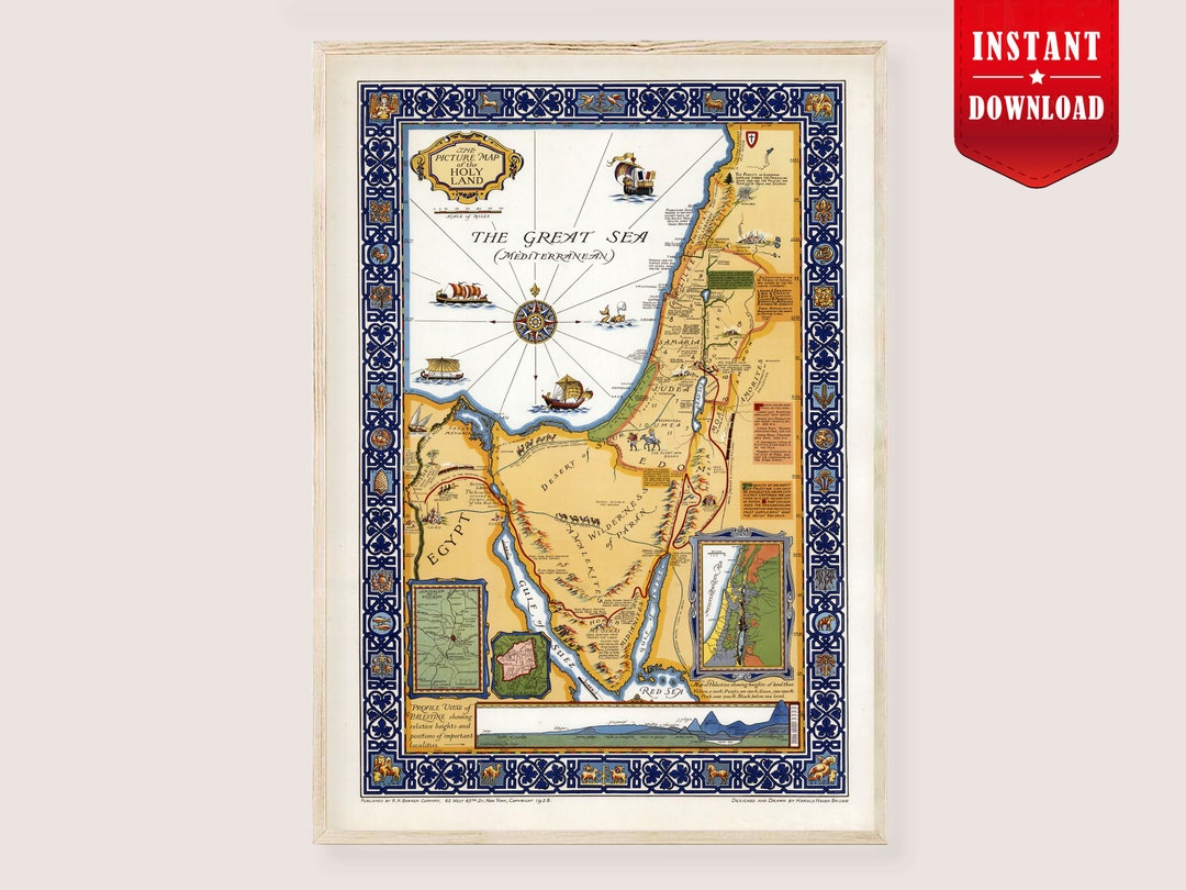 Holy Land Map Vintage Bible Print Digital - Old Pictorial Map New ...