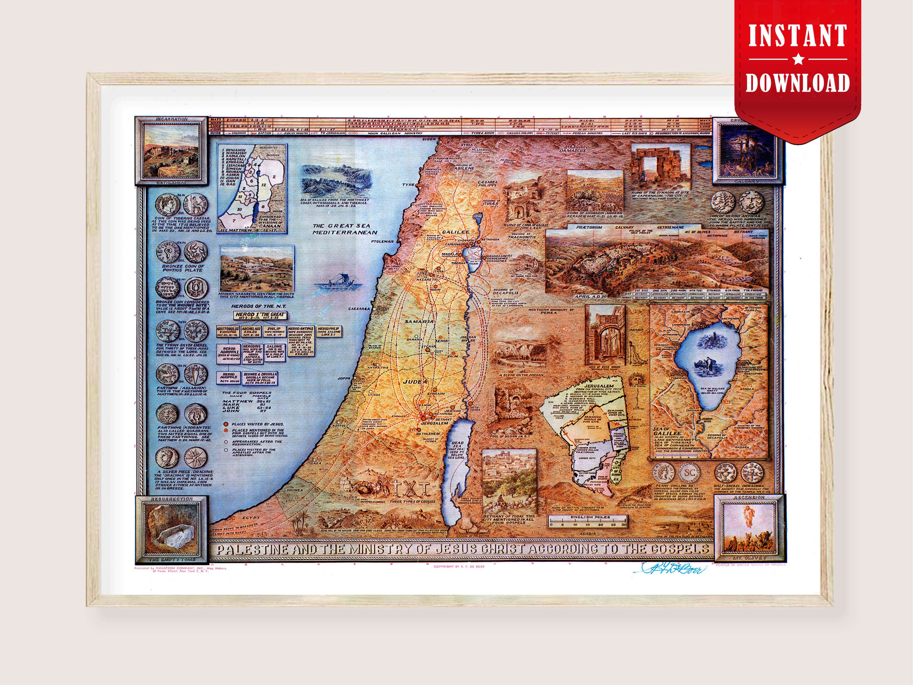 Palestine Map Holy Land Print Jesus Ministry Bible Map Jerusalem ...