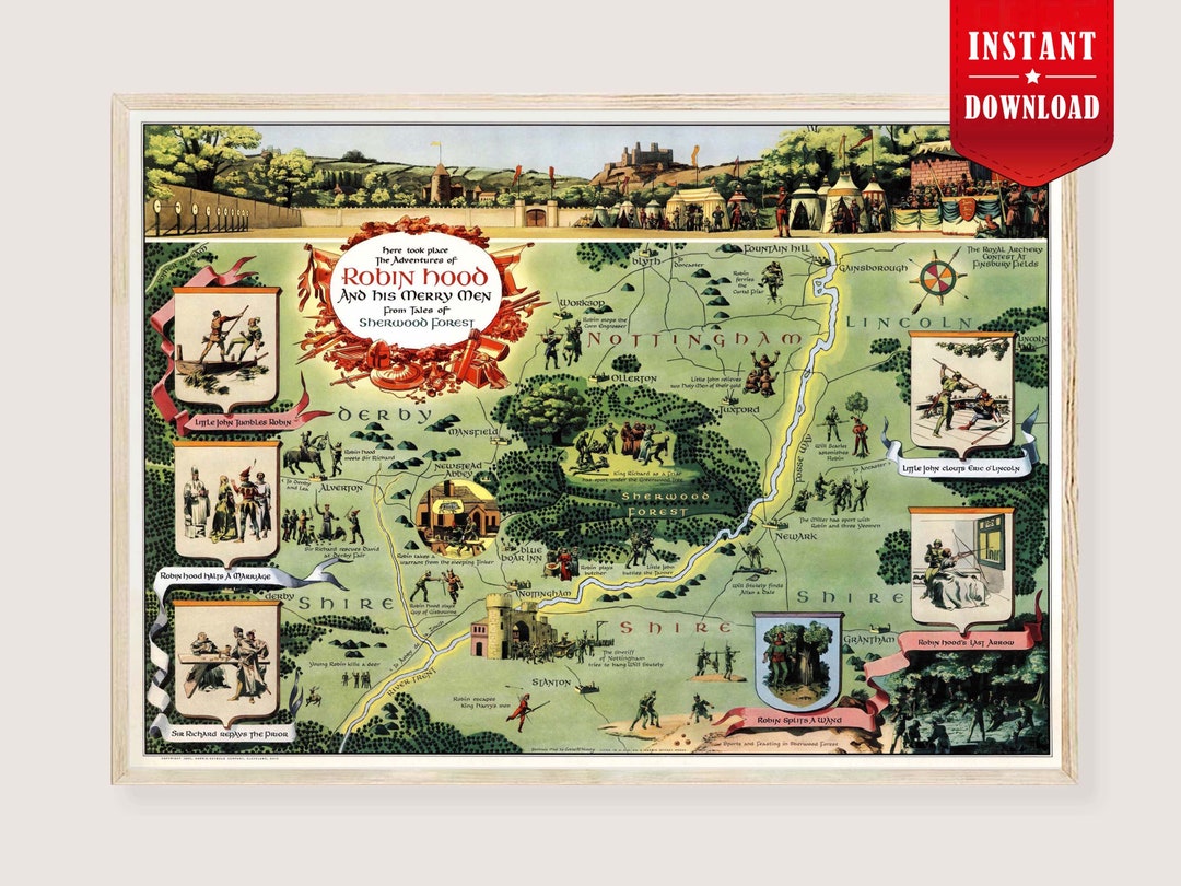 Robin Hood Art Print Fantasy Map Digital - Literary Poster Vintage ...