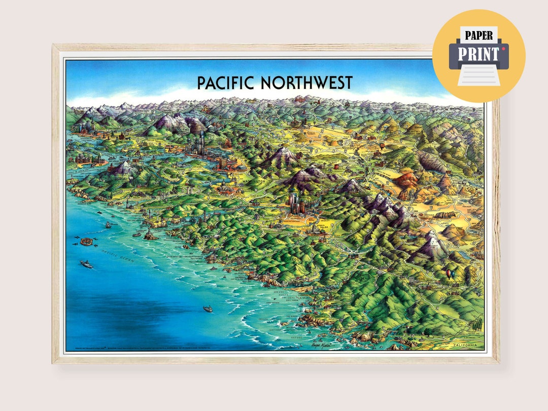 Pacific Northwest Map USA Art Print - Oregon Idaho Art Poster Vintage ...