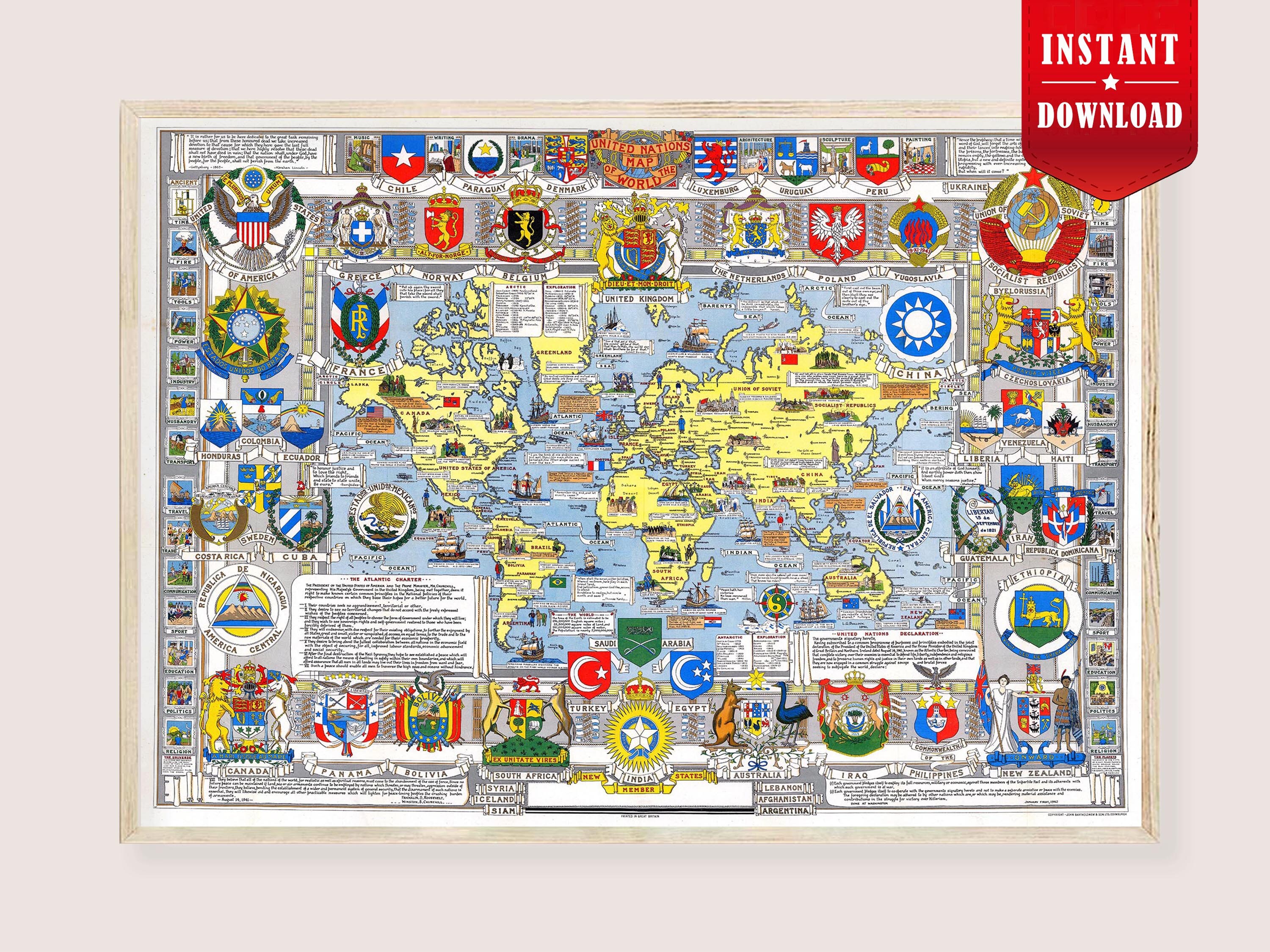 World Map United Nations Print Digital World Map UN Countries Nursery ...