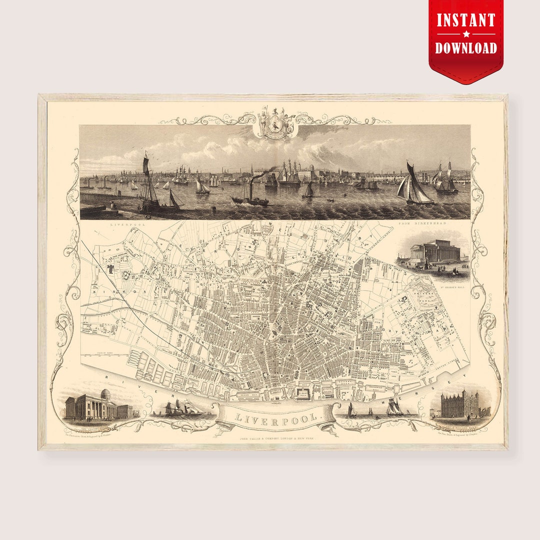 Antique Liverpool Map 1851 Print Digital - Liverpool Old Map Poster ...