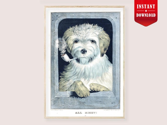 Funny Dog Art Prints Digital Old Poster Dog With Pipe Print - Etsy
