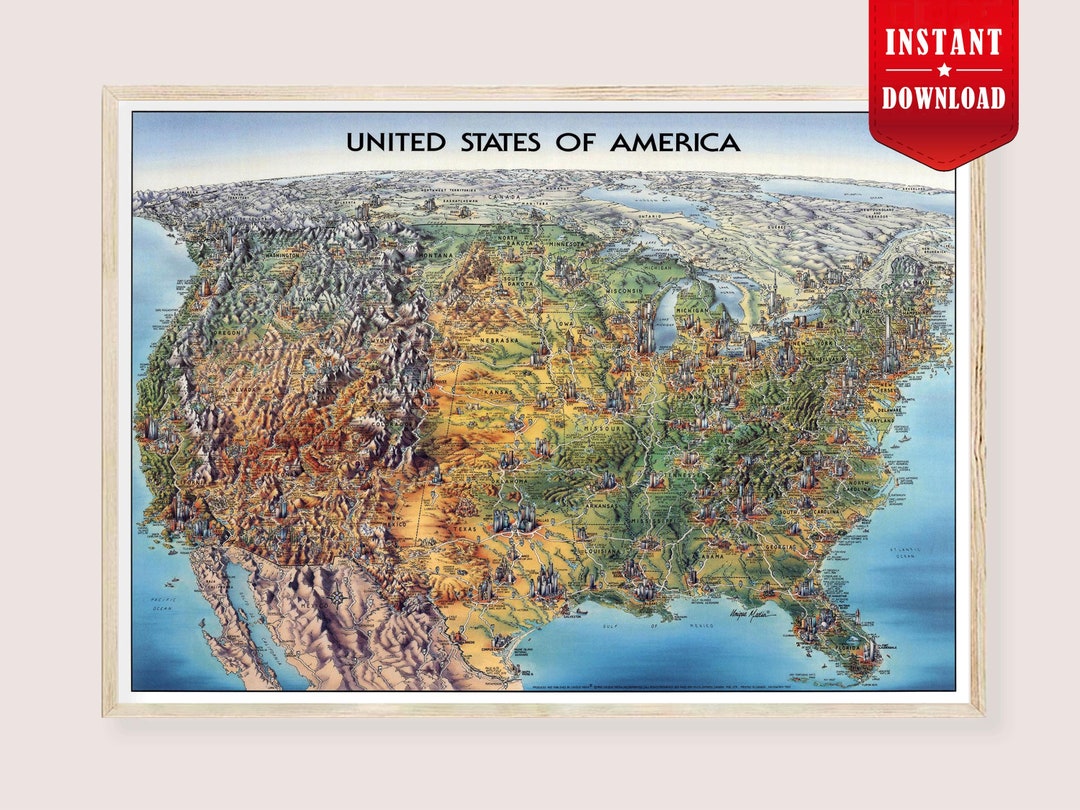 USA Map Poster Download - Pictorial Map of America Poster Digital, USA ...