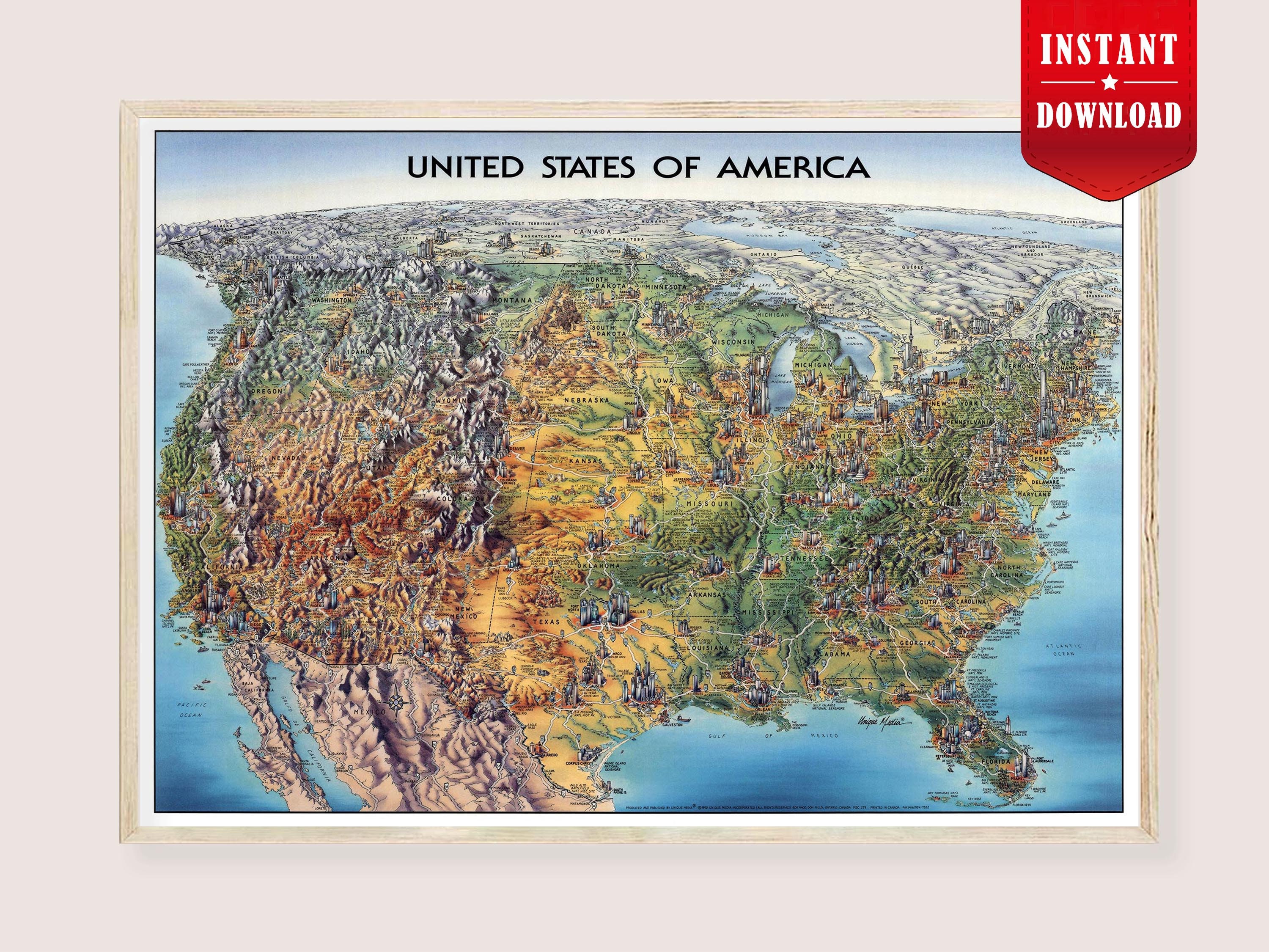 USA Map Poster Download Pictorial Map of America Poster Digital, USA ...