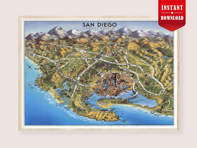 San Diego Map Art Print Digital Old San Diego State Poster Download ...