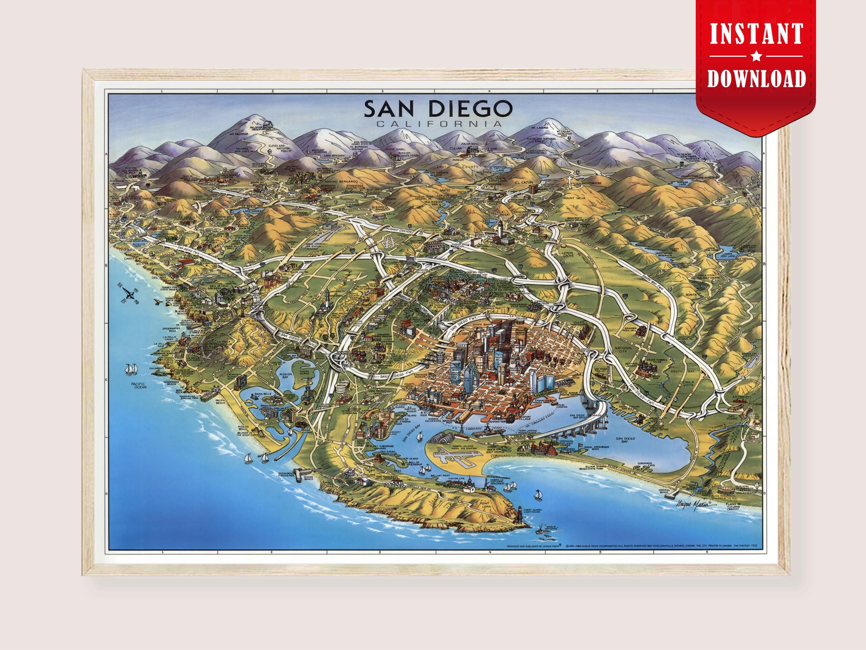 San Diego Map Art Print Digital Old San Diego State Poster Download ...