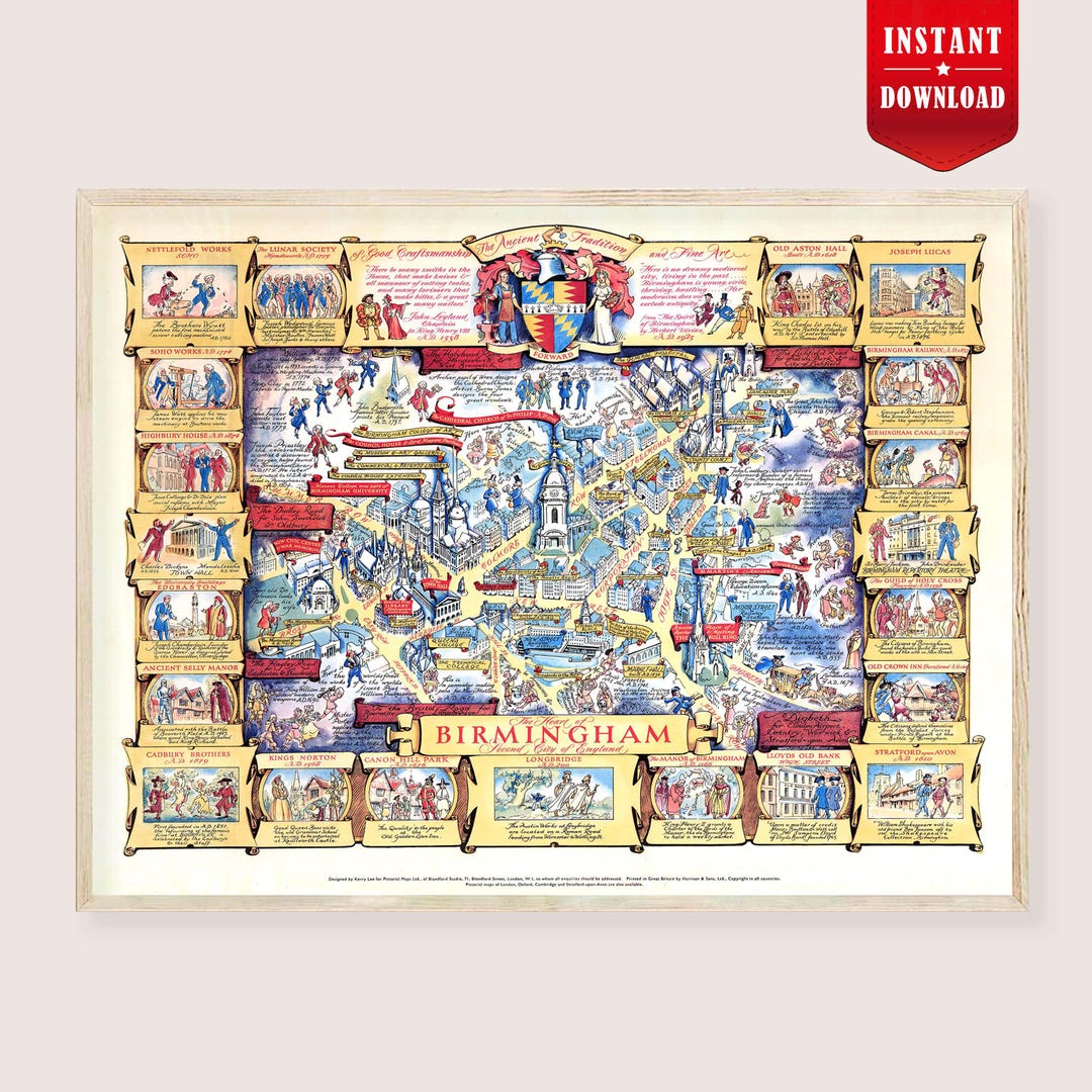 Birmingham Map Art Print Digital, Old Birmingham State History Poster ...