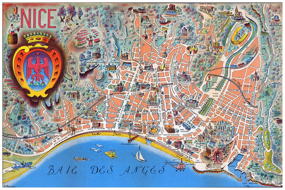 Old Nice Map France Print Digital Illustrated Map France Poster ...