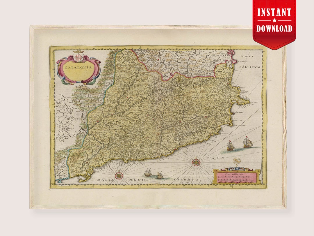 Catalonia Map Print Digital - Pictorial Map Spain Download, Vintage Catalonia 1655 Poster ...