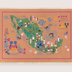 Mexico Travel Illustrated Map Art Print Mexico Country Carlos Merida ...