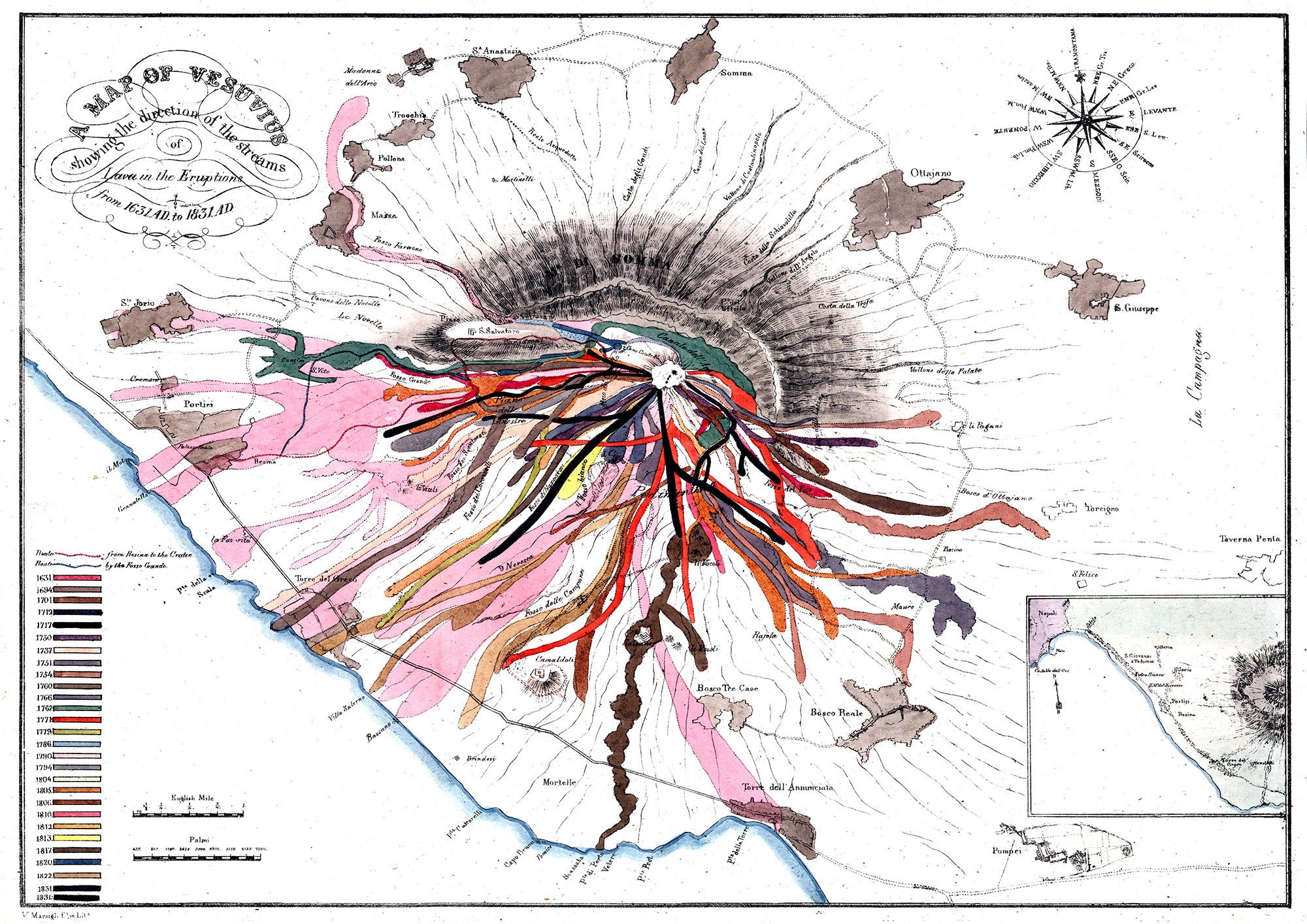 Vesuvius Map, Volcano Eruptions Chart Lava Flow Print Digital ...