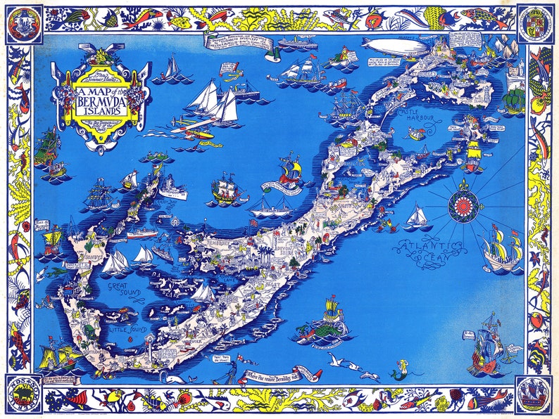 Bermuda Island Map Poster Download - Pictorial Map Bermuda Wall Art ...