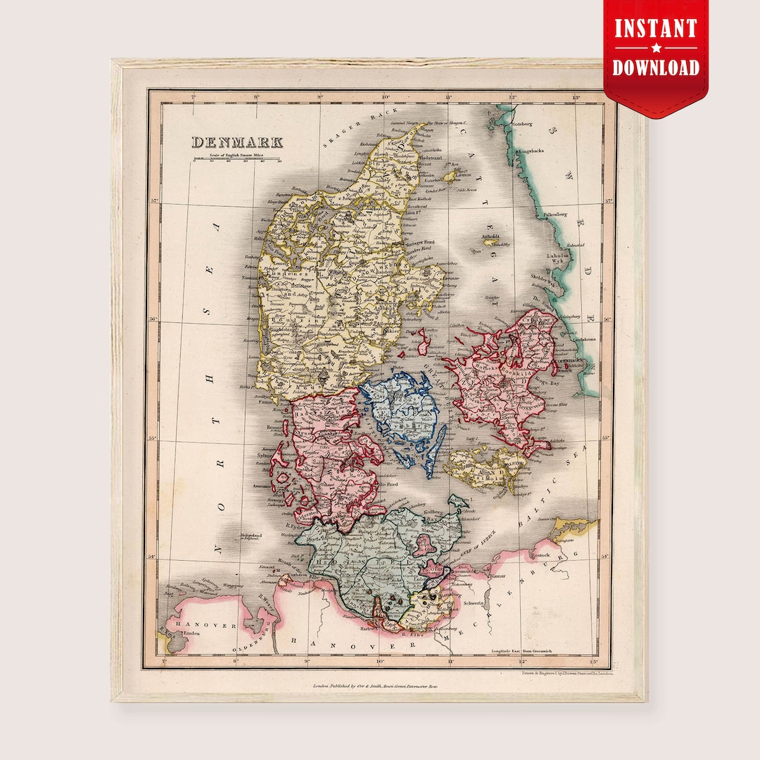 Denmark Map 1832art Print Digital - Pictorial Map Denmark Land Poster, Vintage Denmark History ...