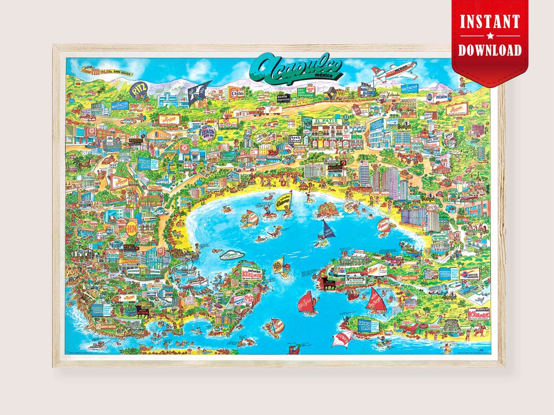 Acapulco Map Mexico City Print Digital - Pictorial Map Acapulco Travel ...