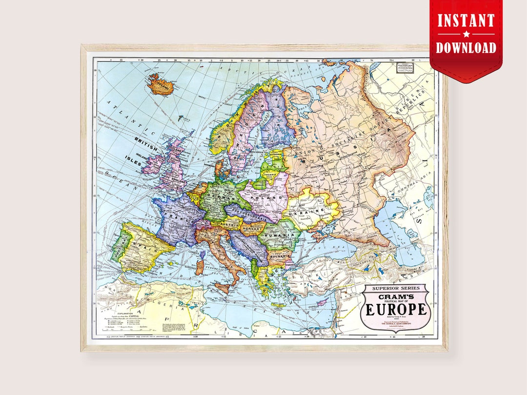 Europe Map 1925 Poster Digital - Political Europe Map Print, Vintage Map of Europe Antique ...