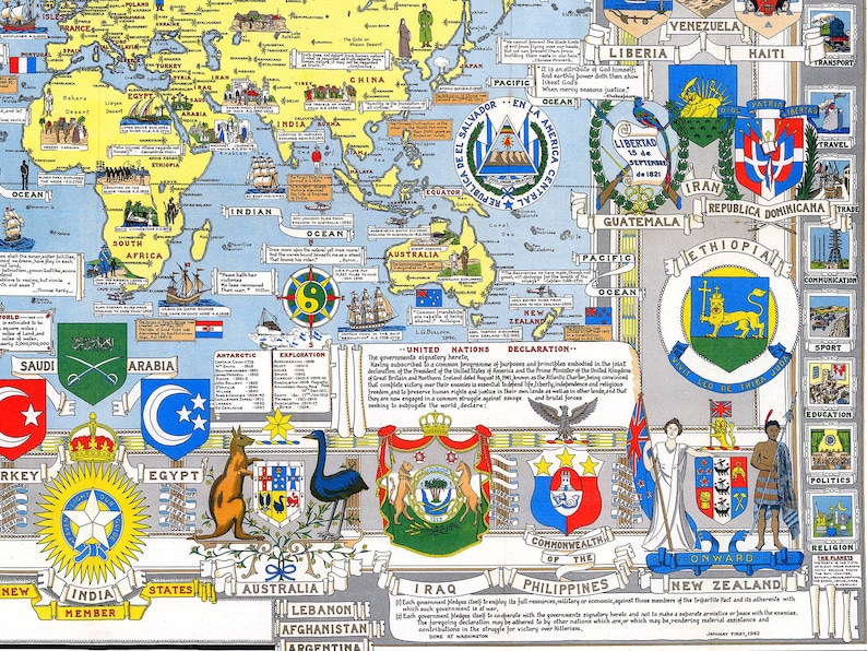 World Map United Nations Print Digital World Map UN Countries Nursery ...