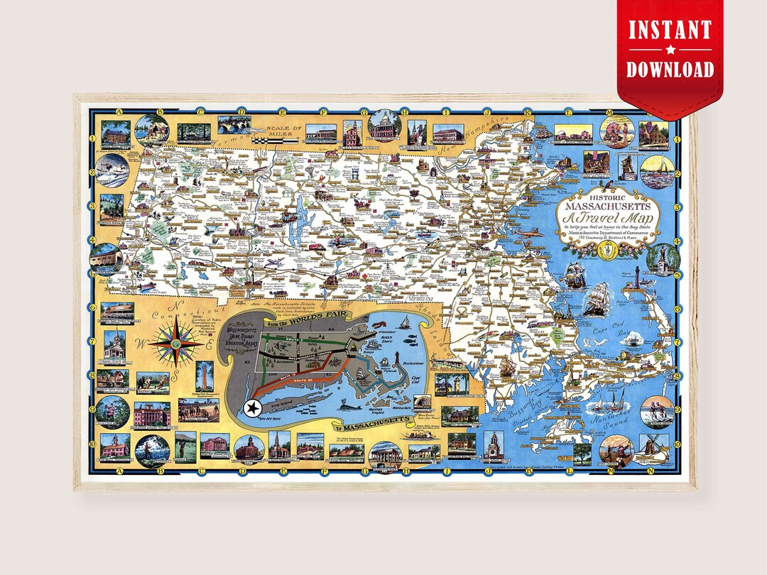 Massachusetts Map Print Digital - Pictorial Map USA Download, Vintage ...