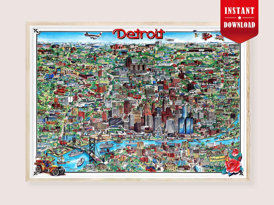 Detroit Map City Poster Download - Retro Map Print of Detroit City Wall ...