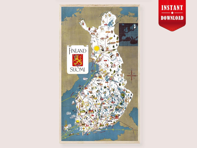 Finland Map Art Print Digital Vintage Suomi Art Map Finland - Etsy