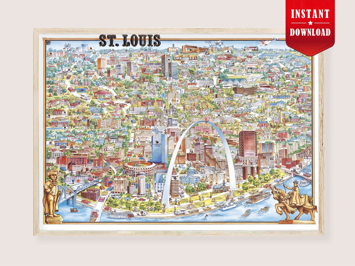 St Louis Map Art Print Digital Retro Map of St Louis City, Vintage St ...
